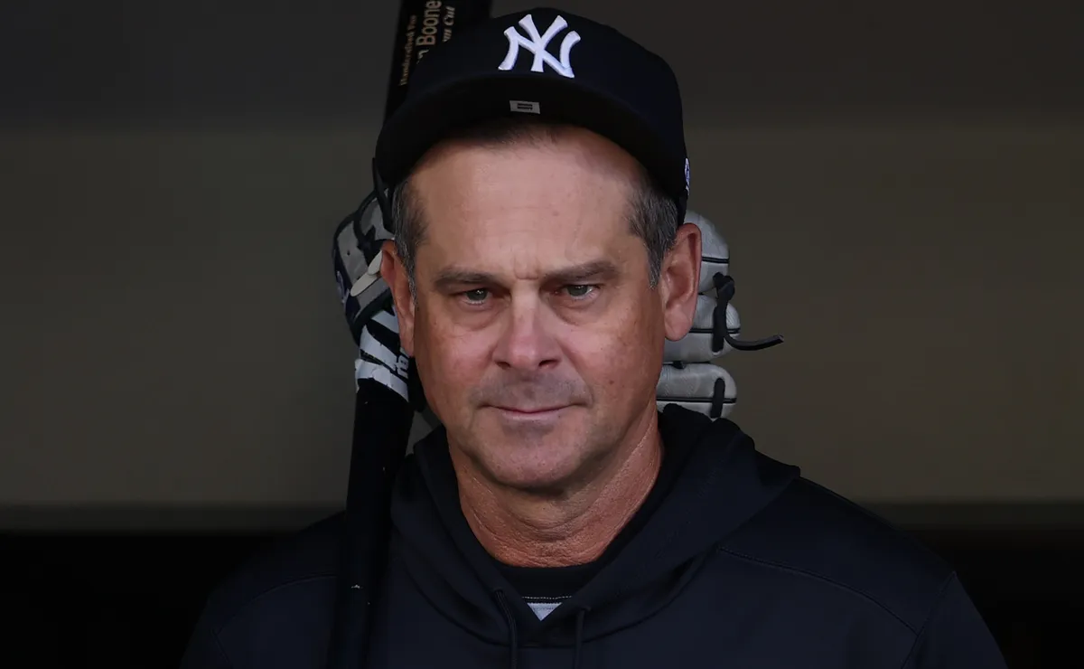 NY Yankees' Aaron Boone reacts after historic offensive explosion vs ...